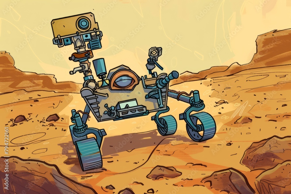 Cartoon cute doodles of a friendly robot exploring the surface of Mars ...