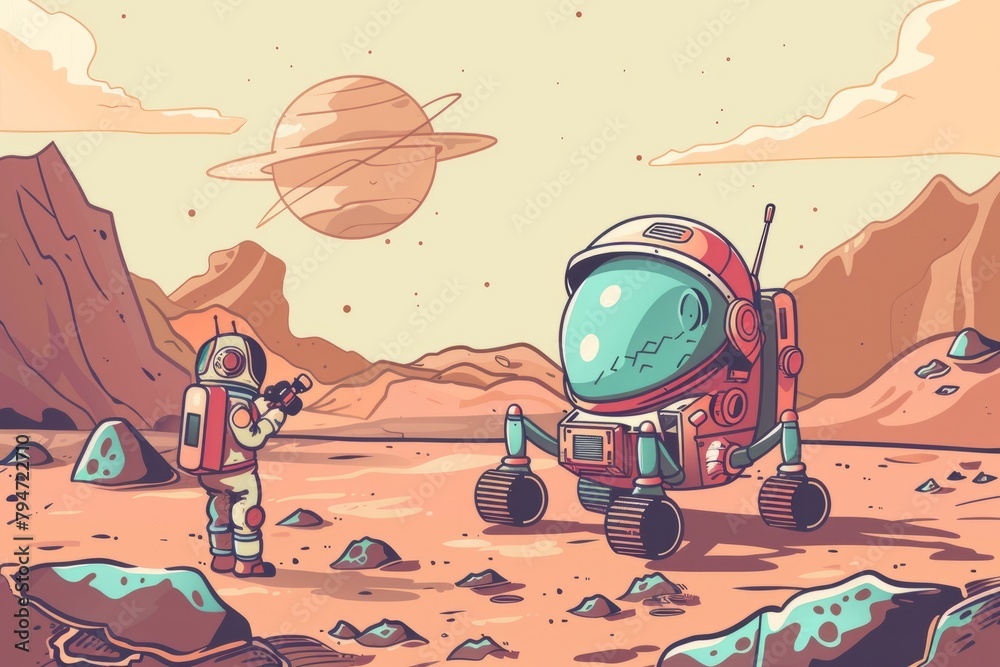 Cartoon cute doodles of a lunar colony on the Moon, with astronauts ...