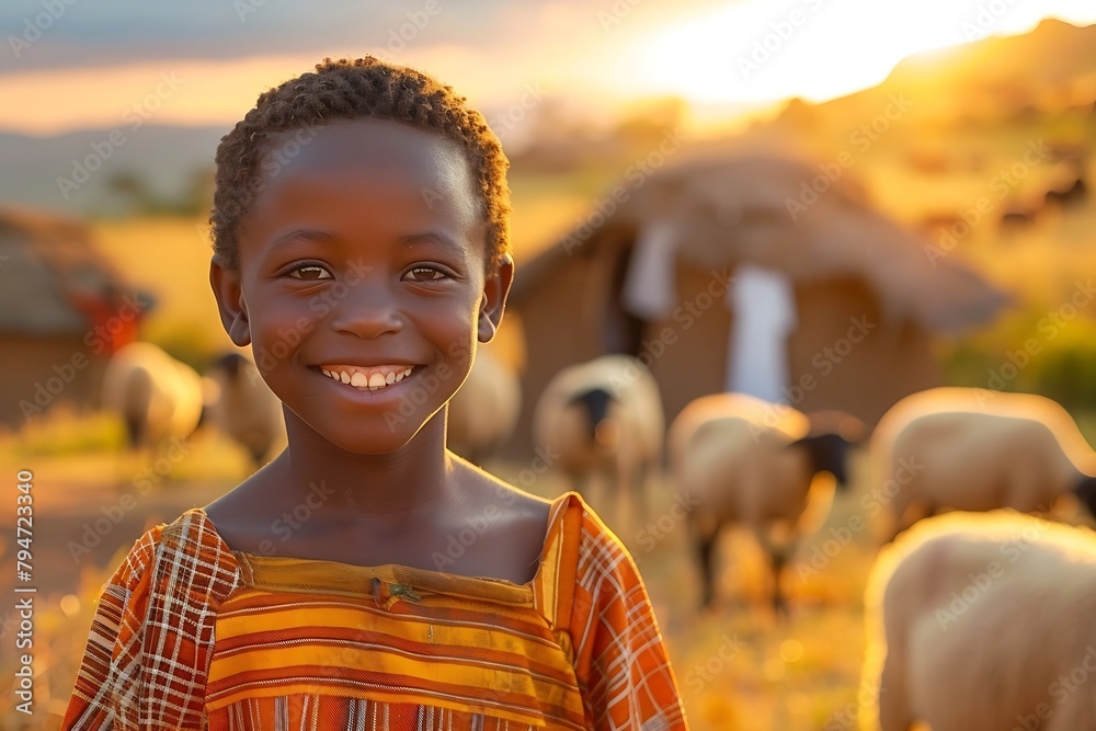 Generative AI : African boy with a traditional African village and ...