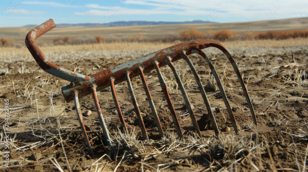 A broken pitchfork its tines bent and handle splintered reveals the ...