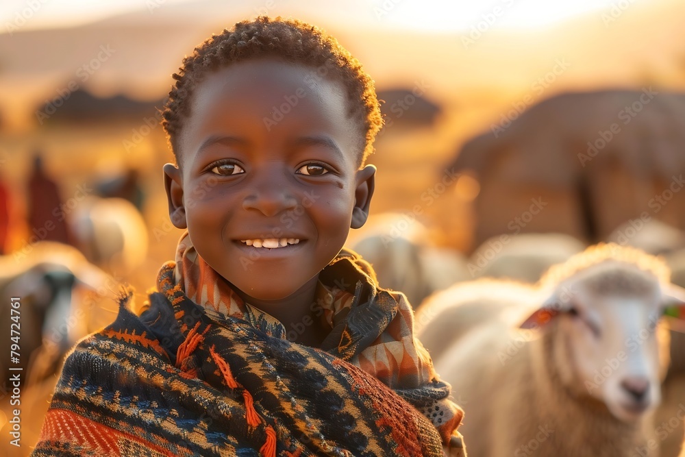 Generative AI : African boy with a traditional African village and ...