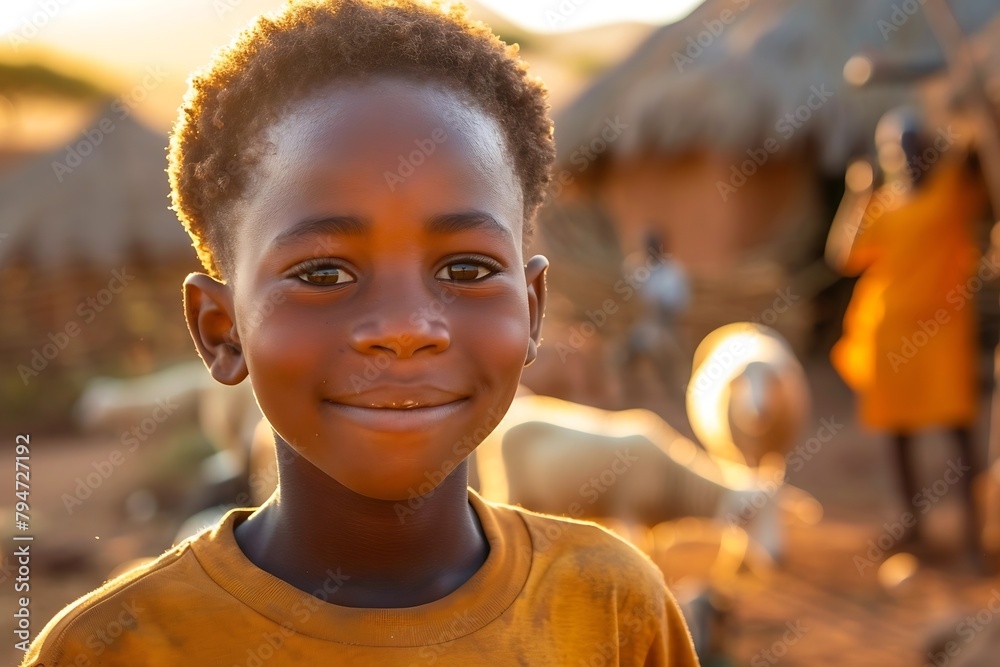 Generative AI : African boy with a traditional African village and ...