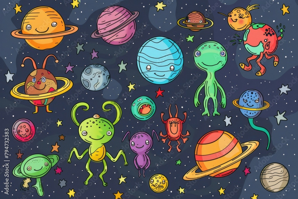 Cartoon cute doodles of alien creatures living on each planet in the ...