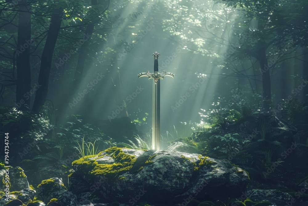 Excalibur, the legendary sword, is firmly embedded in a stone amidst ...