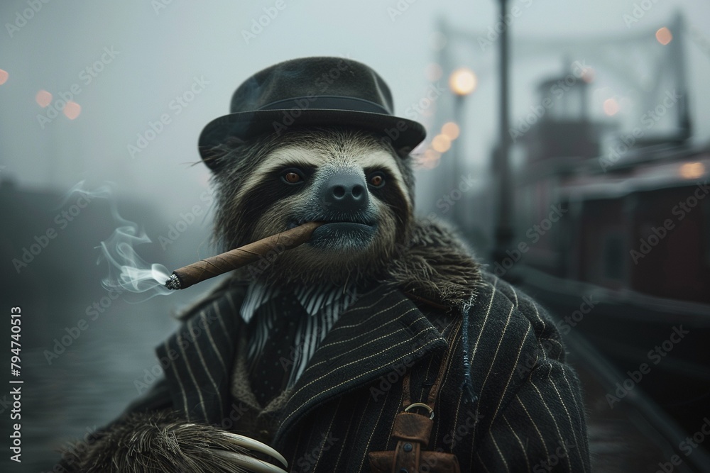 Imposing anthropomorphic sloth, dressed in mafia pinstripes, smoking a ...