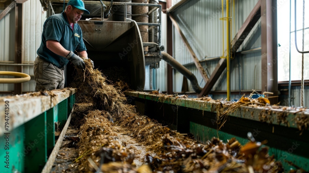 A man adding plant matter into a large machine showing the process of ...