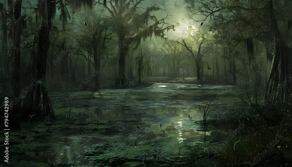 Eerie Swamp Scene Haunted by Vengeful Spirits and Cursed Creatures, a ...