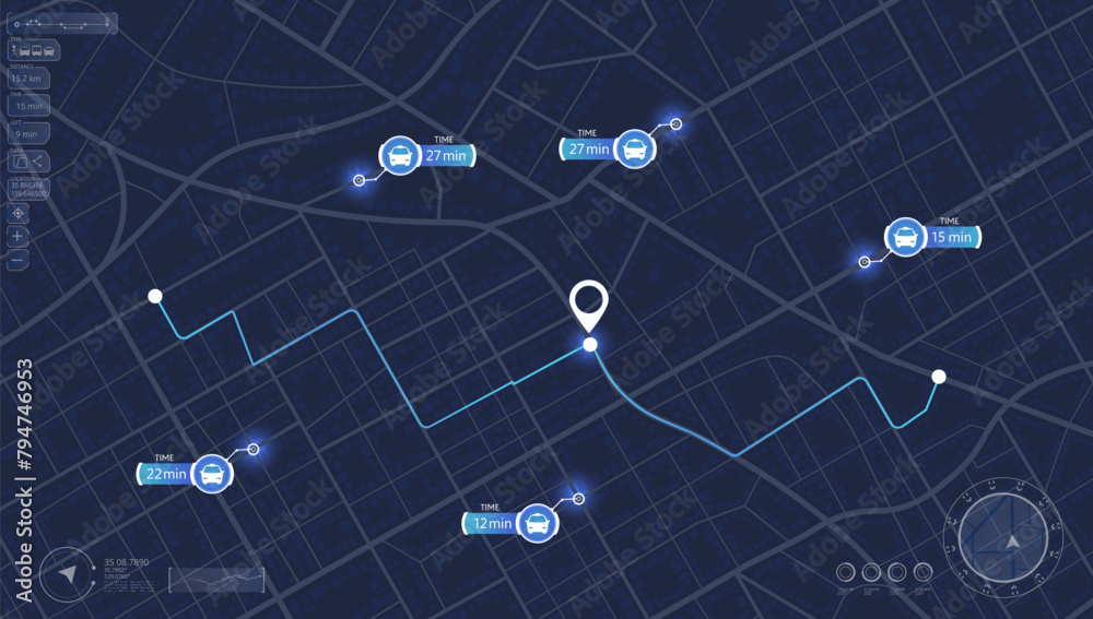 Detailed city street map with various points of interest. GPS tracking ...
