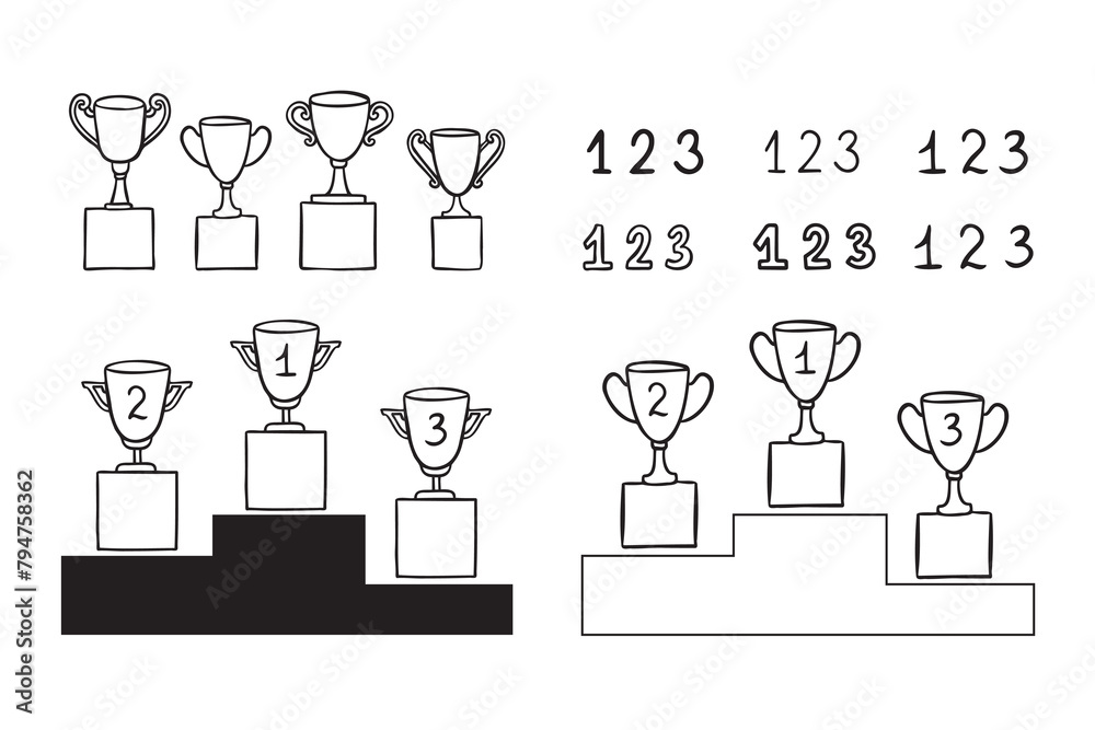 Doodle line trophy winner podium. Winners cups. Drawing icon. 1, 2, 3 ...
