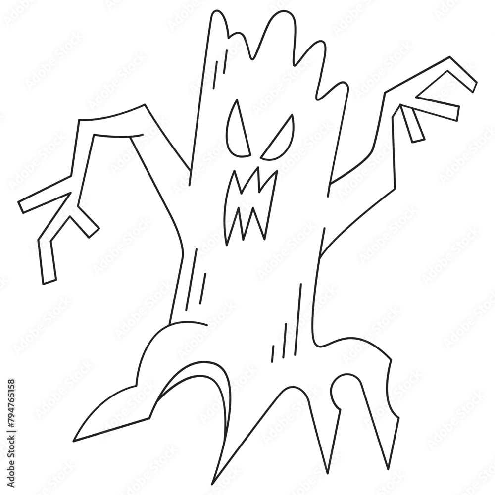 Scary tree with scary face hand drawn vector illustration in line ...
