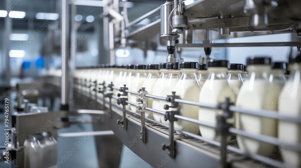 Automated milk bottling line in a dairy factory, showcasing the filling ...