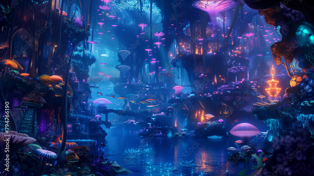 An advanced alien civilization under the ocean, with bioluminescent ...