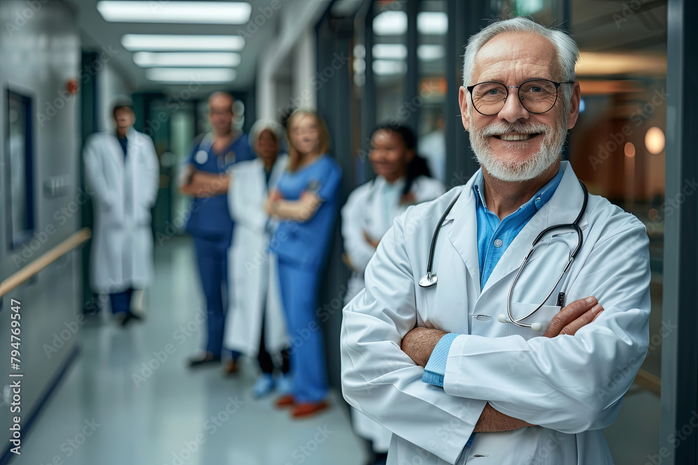 Cheerful senior physician standing tall in a hospital hallway, flanked ...