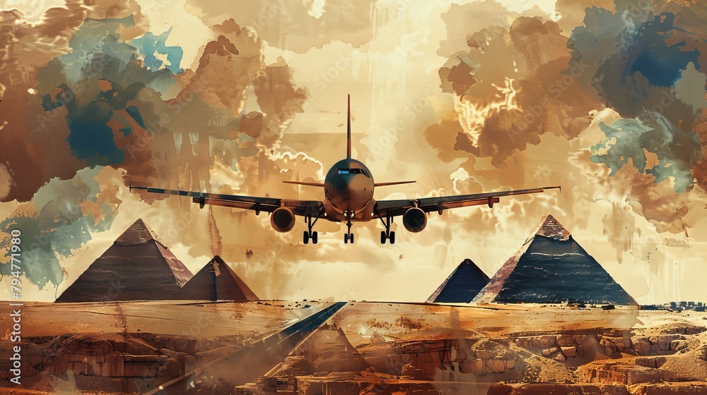 Dramatic ascent of a 1970 vintage airplane over the ancient pyramids of ...
