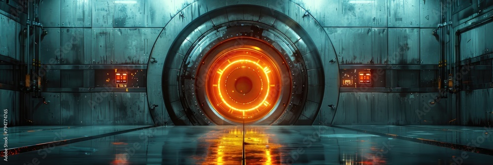 Bank vault door equipped with time locks and motion sensors, guarded by ...