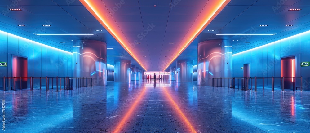 Futuristic airport checkpoint with automated biometric verification, e ...