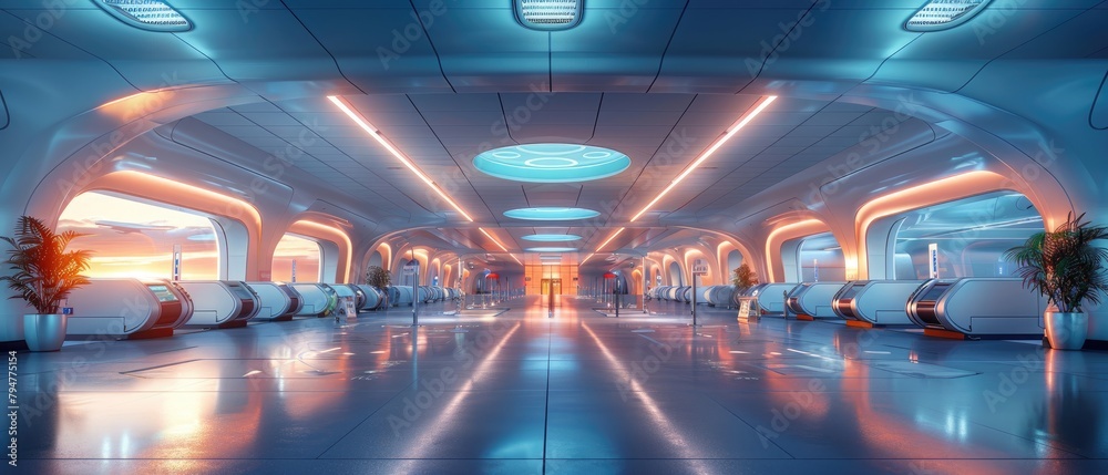 Futuristic airport checkpoint with automated biometric verification, e ...