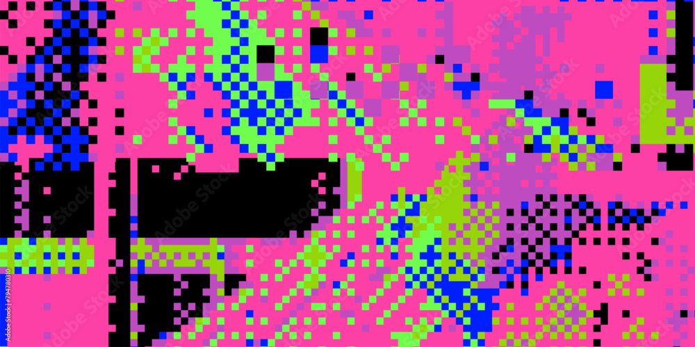 Bright neon glitchy background. Concept vector illustration of a broken ...