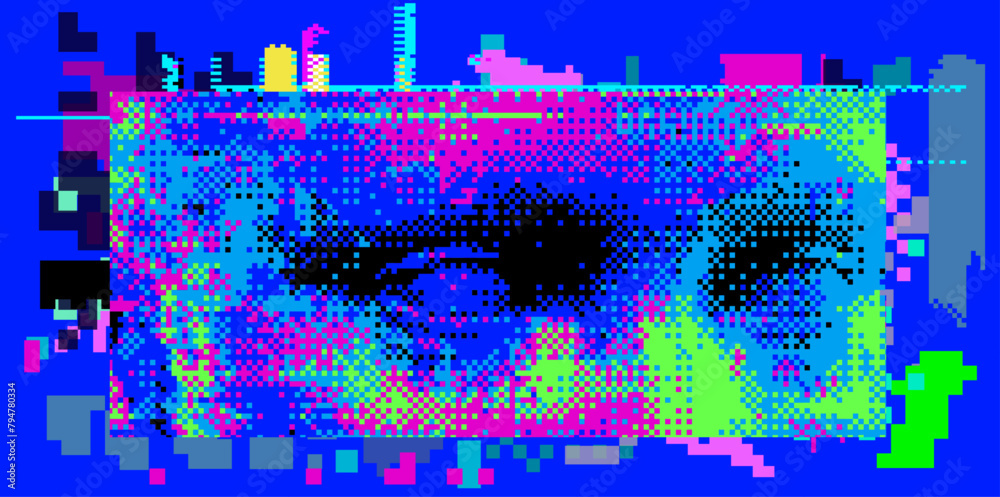 Pixelated silhouette of eyes in neon colors. Conceptual vector ...