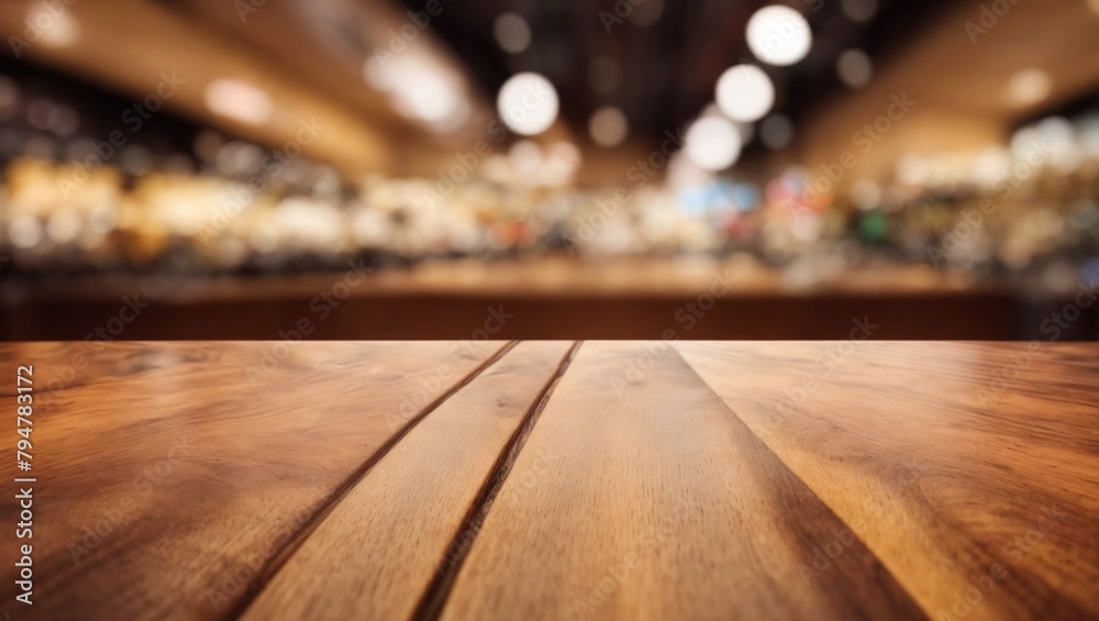 Empty wooden table with blurred background It's a bar counter. inside ...