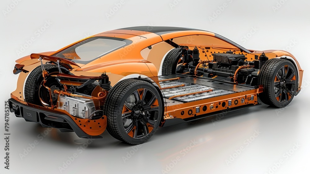Advanced EV powertrain cutaway illustration, detailing electric motors ...
