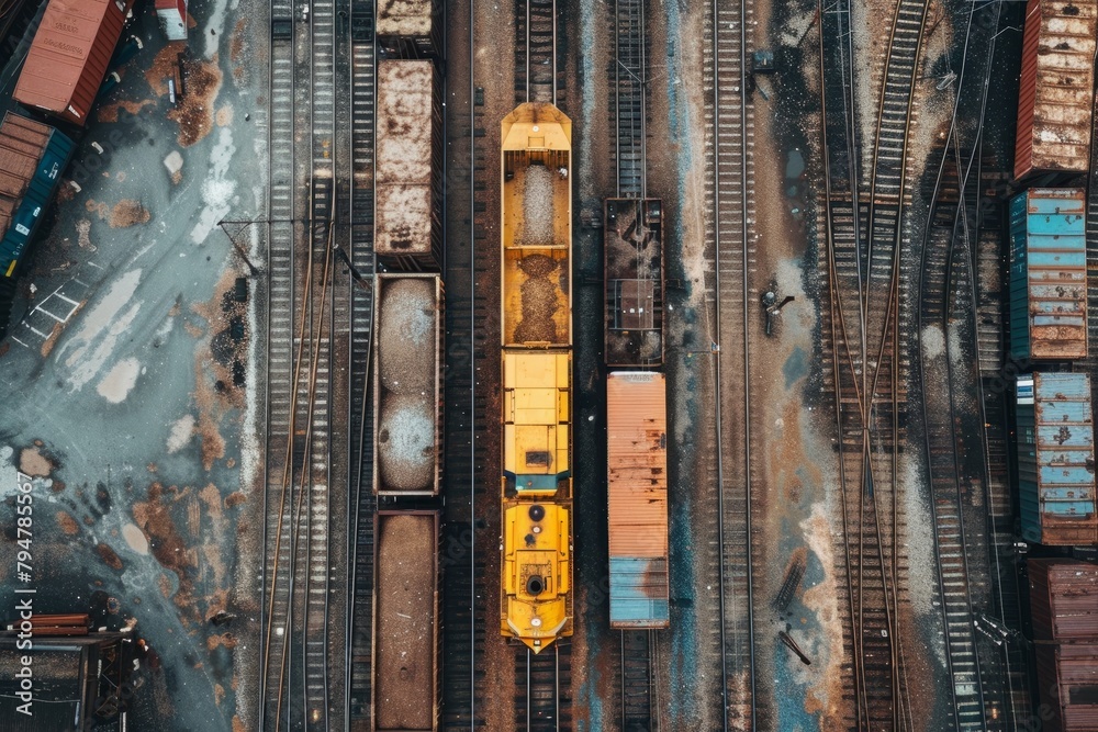 Overhead view of a bustling railway yard with multiple train cars ...