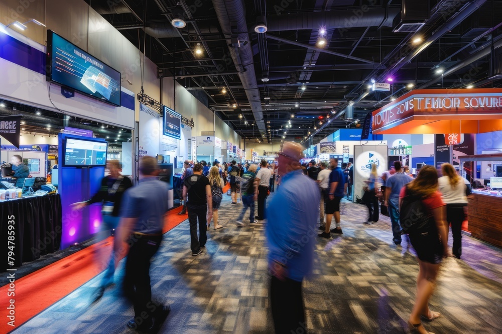 Group of attendees walking around a convention hall at a tech ...