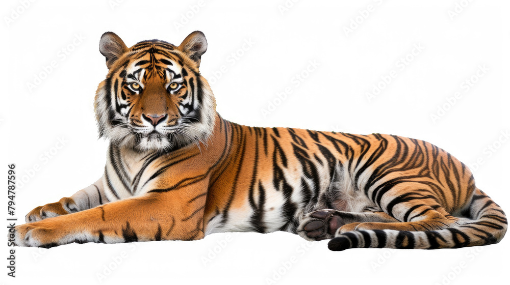 Siberian tiger full body lying down posture isolated on white ...