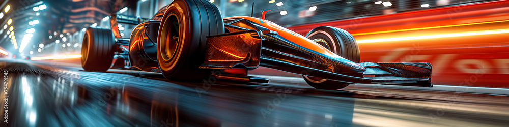 formula one racing car driving on race track. Motion blur at long ...