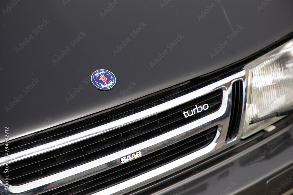 Saab turbo automobile retro car logo brand and sign text on front ...