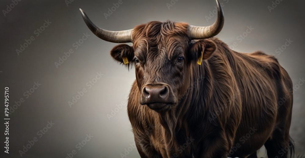 Strongest dark brown bull with muscles and long horns portrait looking ...