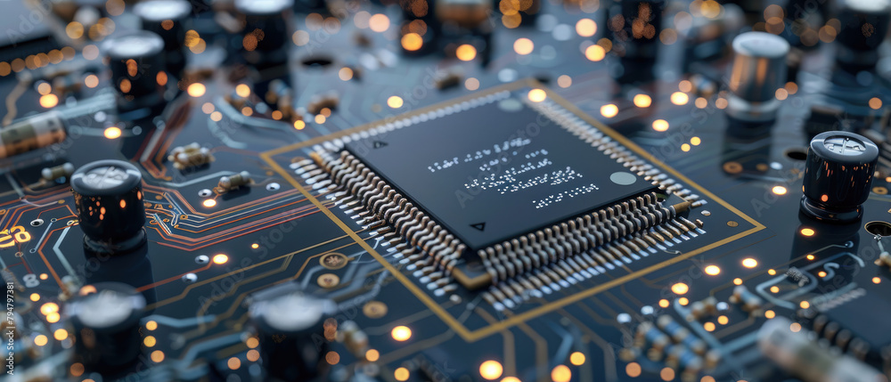 Electronic circuit microchip boards are printed in a flat brain-shaped ...