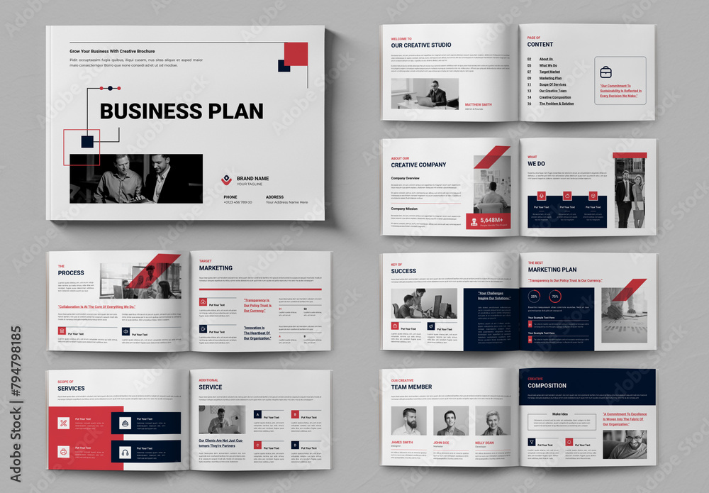 Landscape Business Plan Layout With Red Accents Stock Template | Adobe ...