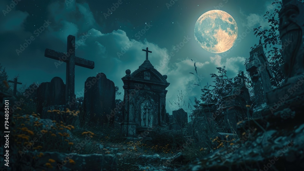 Ethereal full moon over solemn graveyard - The full moon's ethereal ...