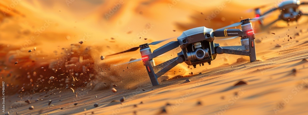 Aerial drone racing competition over desert dunes, pilots navigating ...
