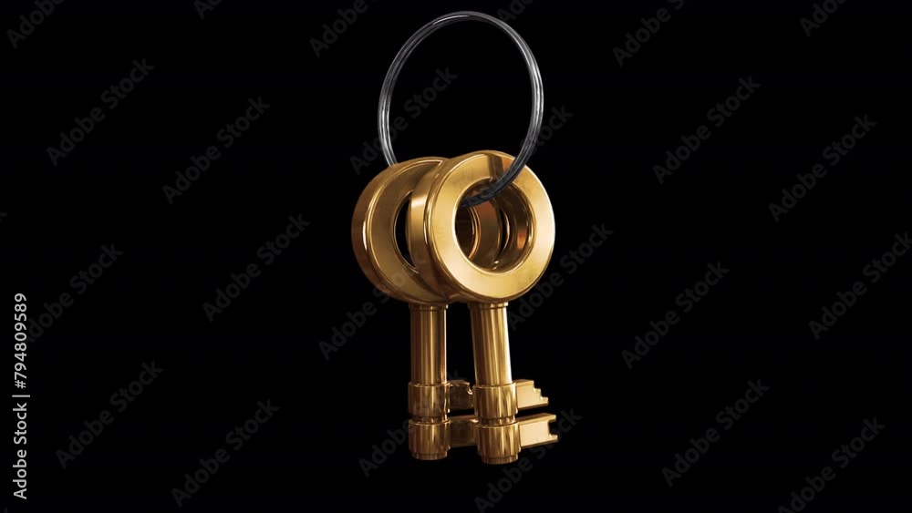 Little Golden Keys. 3D animation of a bunch of two keys swinging on a ...