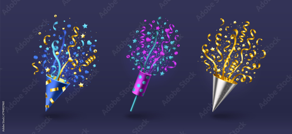 Set of firecrackers with confetti isolated on background. Vector ...