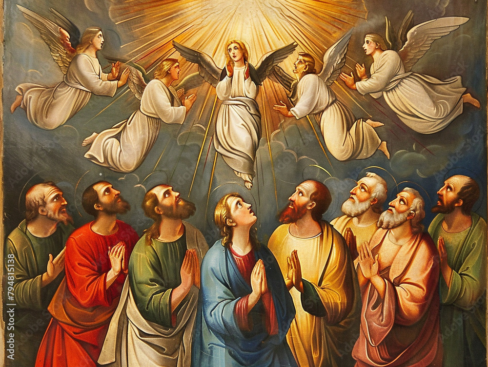 Religious artwork showing the Pentecost scene with the apostles ...