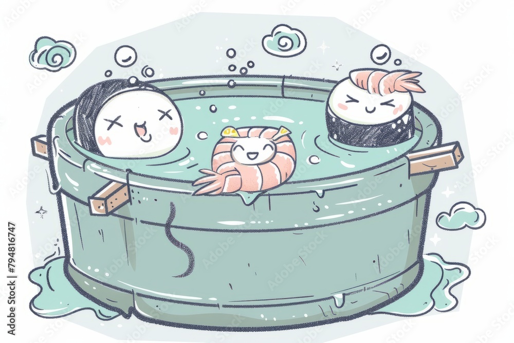 Cartoon cute doodles of sushi rolls taking a hot spring bath, relaxing ...