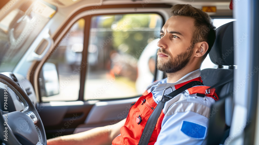 copy space, stockphoto, sideview of an ambulance, ambulance driver ...