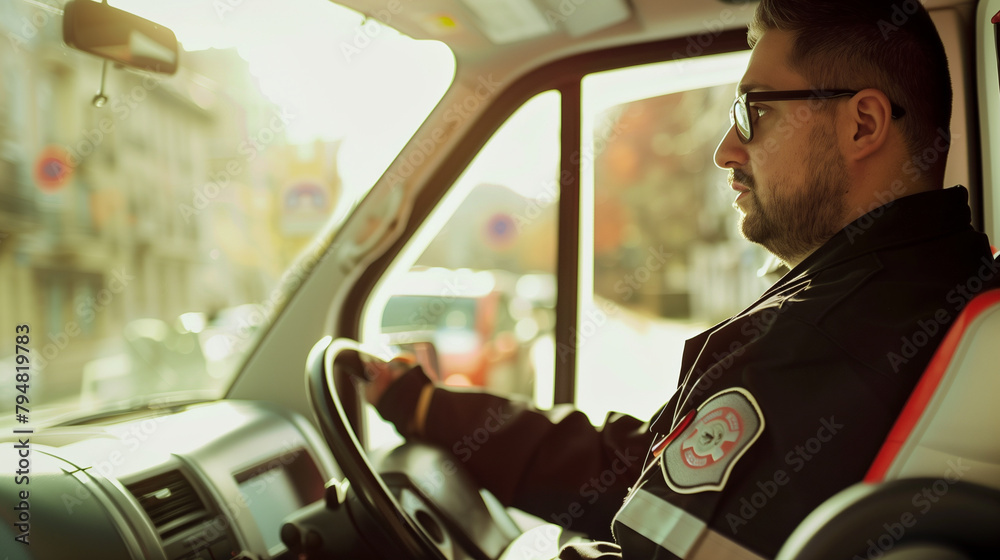 copy space, stockphoto, sideview of an ambulance, ambulance driver ...