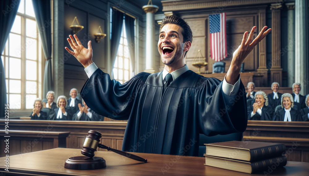 joyful judge in a courtroom, feeling satisfied after delivering a just ...