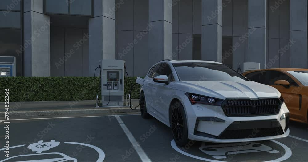Generic electric car charging at station dock point in parking lot near ...