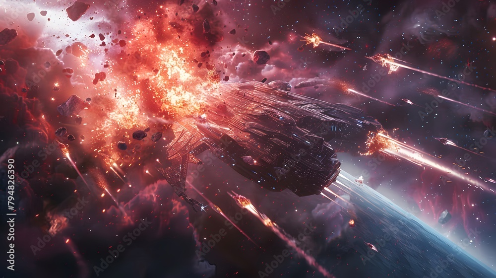 A spacecraft navigates through a perilous asteroid field, under a ...