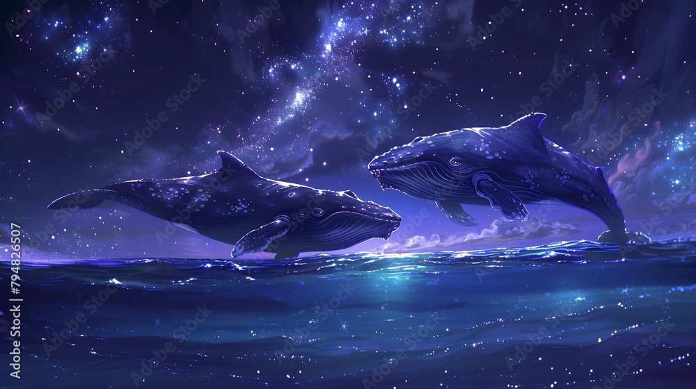 Humpback whales emerge gracefully from the ocean's depths, their ...