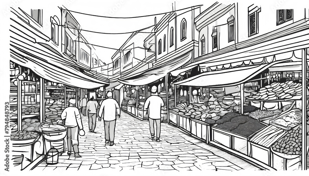 Black and White Sketch of Busy Market Street Scene Stock Illustration ...