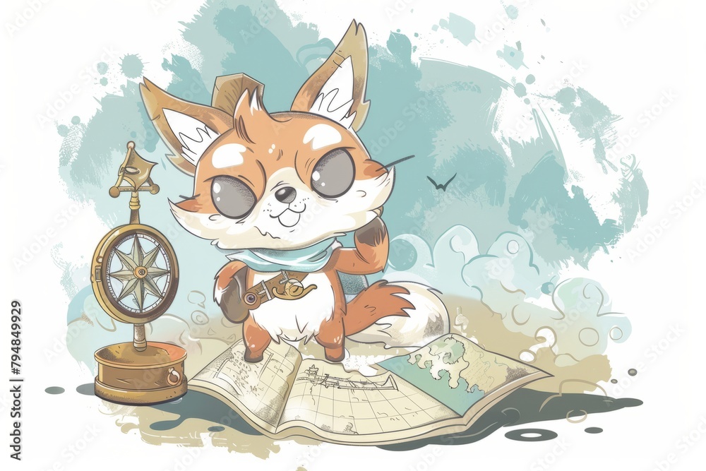 Cartoon cute doodles of a determined sailor fox navigating through ...