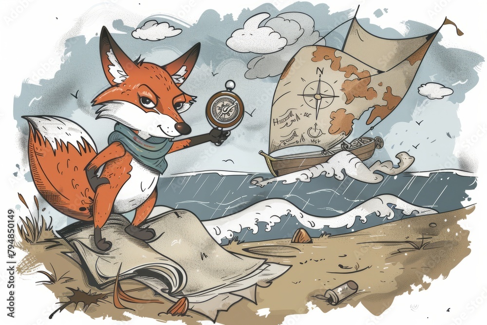 Cartoon cute doodles of a determined sailor fox navigating through ...