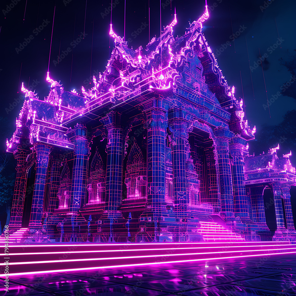 Thai temple 3D hologram wireframe pixels, purple neon light, volumetric epic quantum computing ...