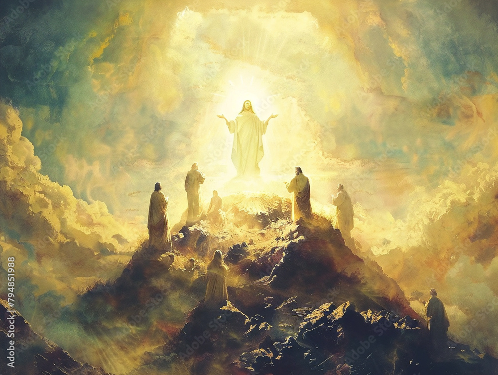 Jesus glows with divine light as Moses and Elijah stand beside him on ...